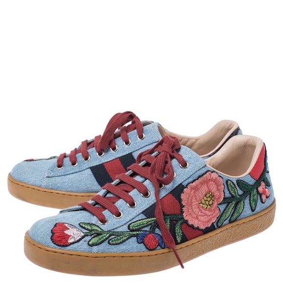 Gucci | Shoes | Gucci Multicolor Denim Ace Floral Embroidered Low Top ...